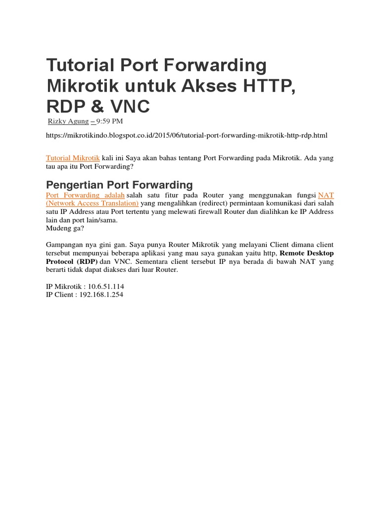 Tutorial Port Forwarding Mikrotik Untuk Akses HTTP | PDF