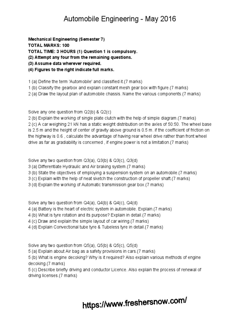 Automobile Engineer Sample Paper | PDF | Transmission (Mechanics ...
