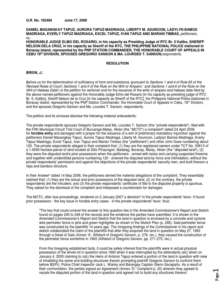 Revised Rules of Court Sections 1 and 5 of The Rule On The Writ of Amparo Writ of Habeas Data ...