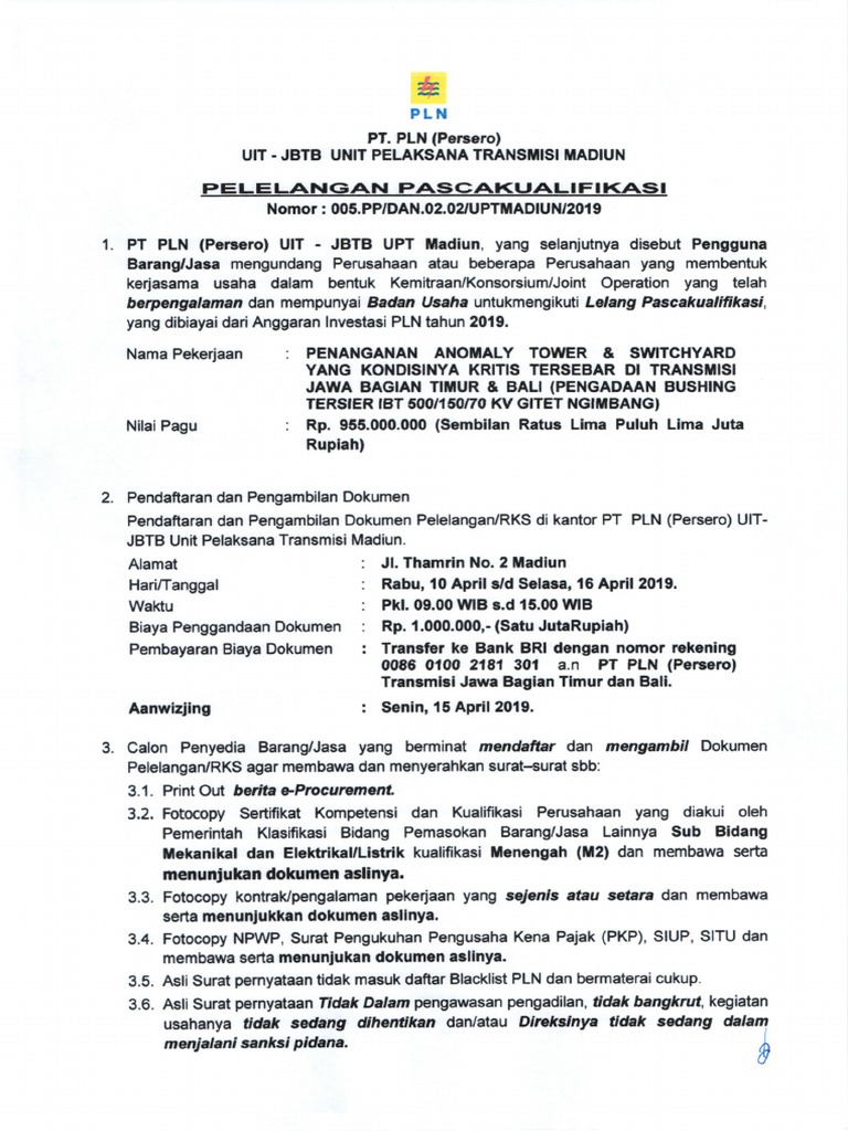 Pengumuman Lelang PLN Madiun 2019 | PDF