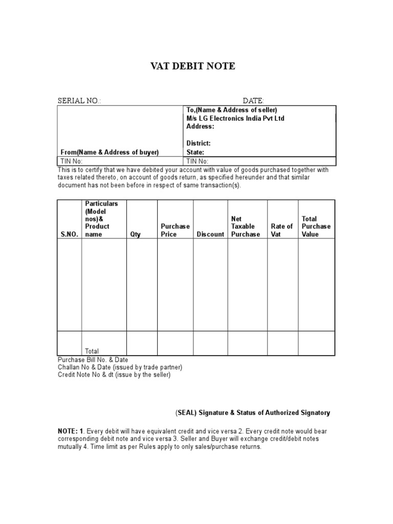 Vat Debit Note: Serial No.: Date | PDF