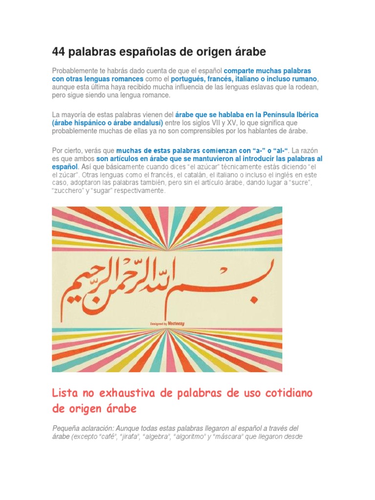 44 palabras españolas de origen árabe | PDF | Lengua española | Arábica