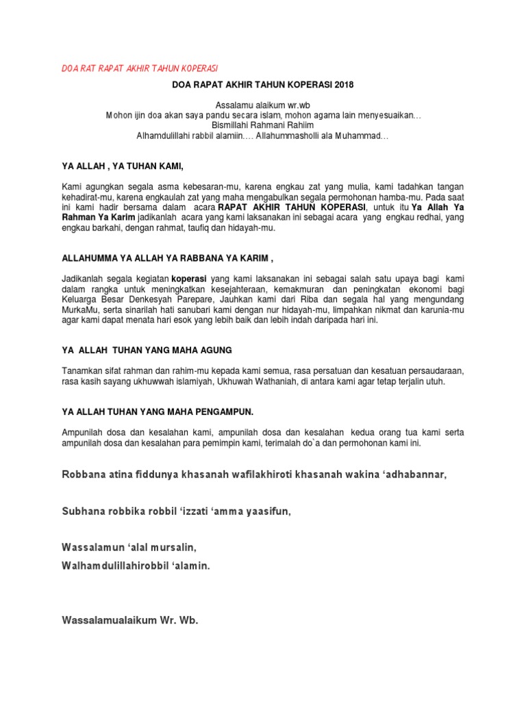 Doa Rat Rapat Akhir Tahun Koperasi 2019 Tutup Buku 2018 | PDF