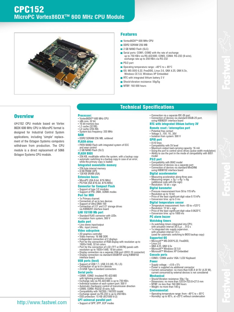 Micropc Vortex86Dx™ 600 MHZ Cpu Module: Technical Specifications | PDF ...