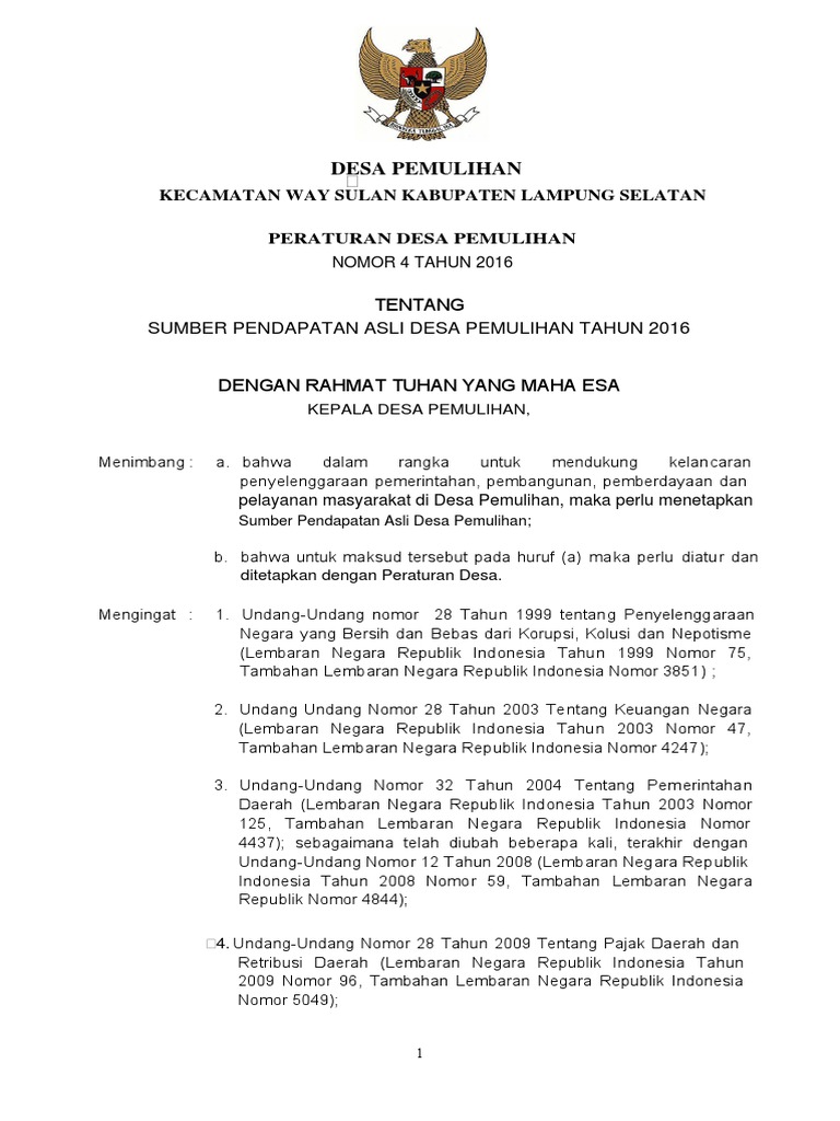 Contoh Perdes TTG Sumber Pendapatan Asli Desa | PDF