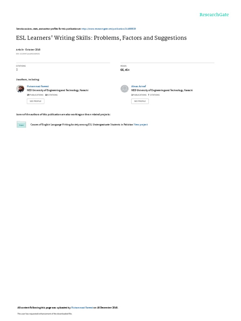 Esl Learners Writing Skills | PDF | English As A Second Or Foreign ...