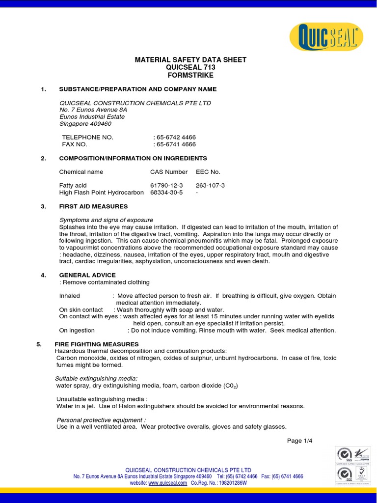 MSDS QS 713 - 020110 | PDF | Toxicity | Personal Protective Equipment