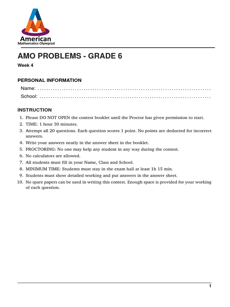 AMO Problems - Grade 6 (Week 4) PDF | PDF | Rectangle | Teaching ...