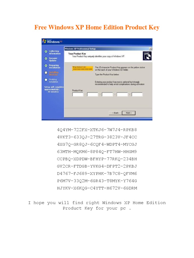 Free Windows XP Home Edition Product Key | PDF