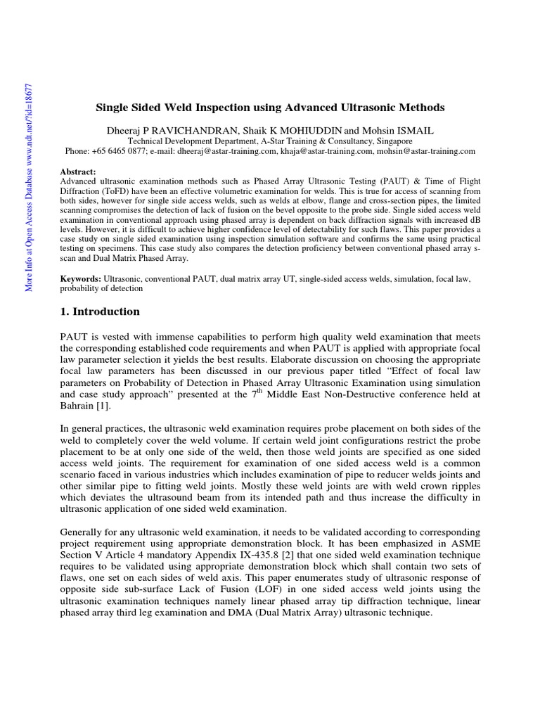 Single Sided Weld Inspection using Advanced Ultrasonic Methods | PDF ...