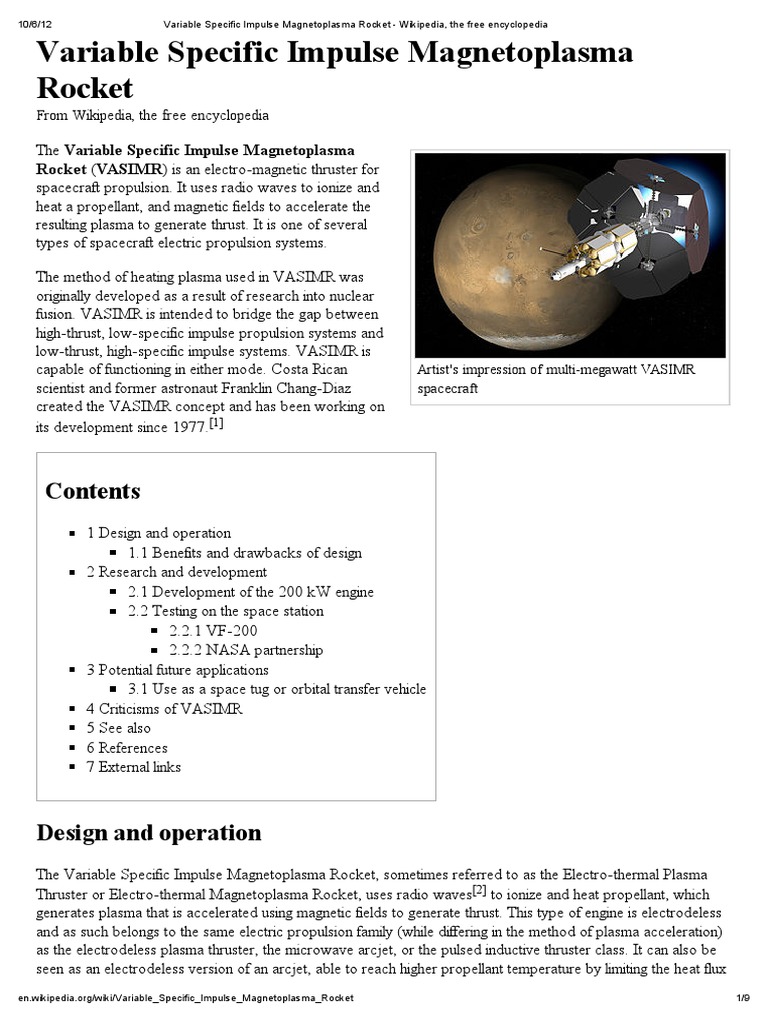 Variable Specific Impulse Magnetoplasma Rocket - Wikipedia, The Free Encyclopedia | PDF ...