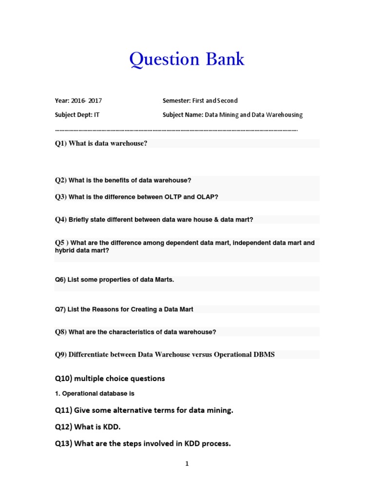 Data Mining and Warehousing Q&A Guide | PDF | Data Warehouse | Cluster ...