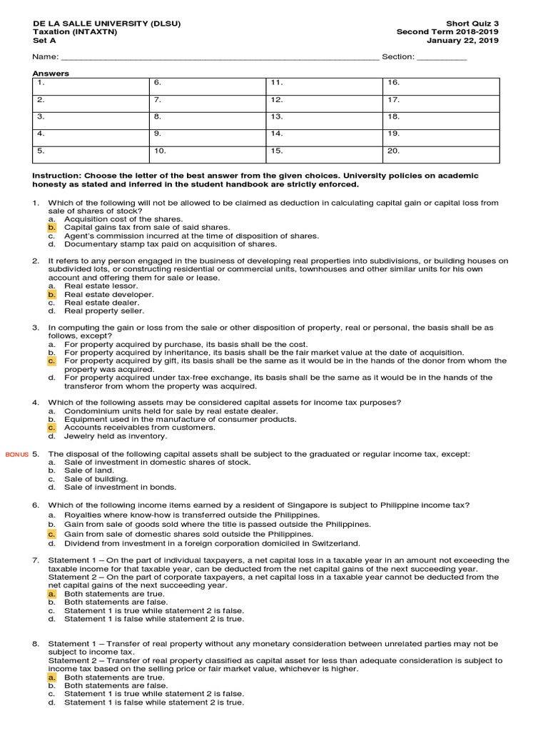 Short Quiz 3 Set A With Answer | PDF | Capital Gains Tax | Income Tax ...