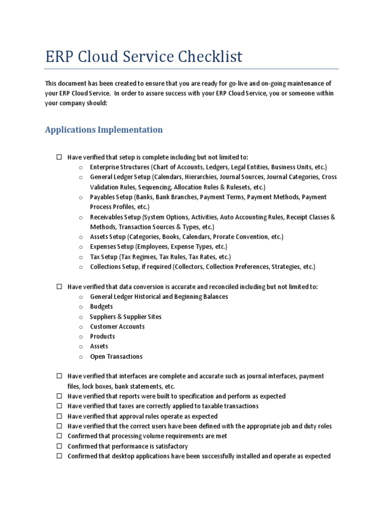 ERP Cloud Service Go-Live Checklist | PDF | Cloud Computing | Receipt