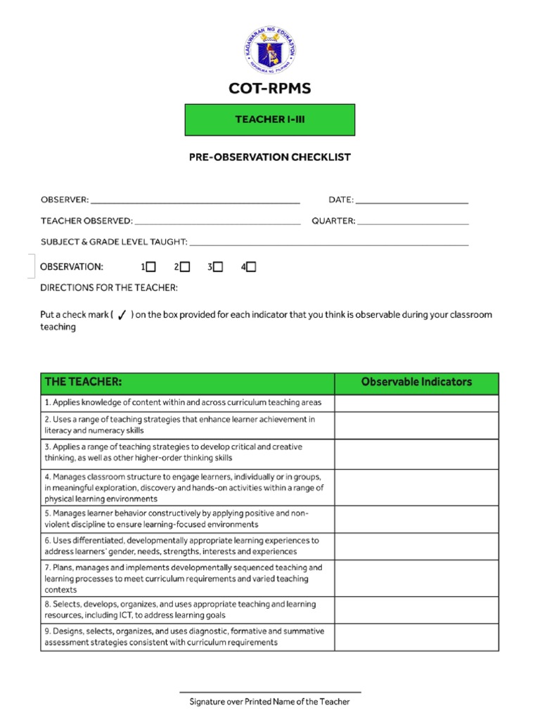 Cot Forms Pre Observation | PDF