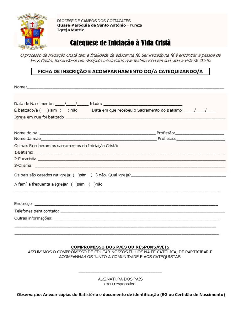 Ficha De Inscrição Para Catequese Catecismo Batismo