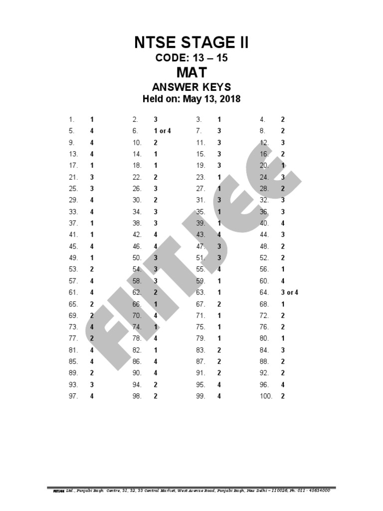 Ntse Stage Ii: CODE: 13 - 15 Answer Keys | PDF