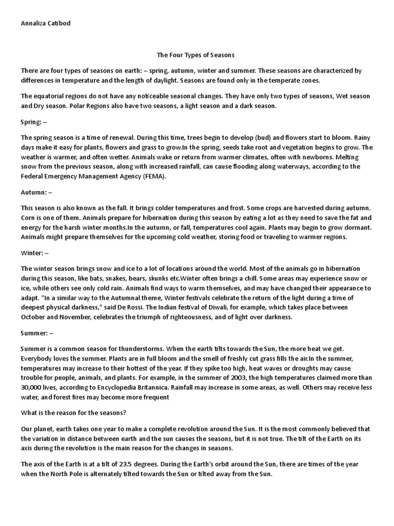 Types of Season | PDF | Spring (Season) | Wet Season