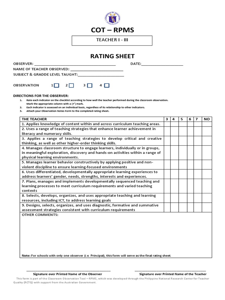 Cot Rpms Rating Sheet, Observation Notes Form and Inter Observer ...