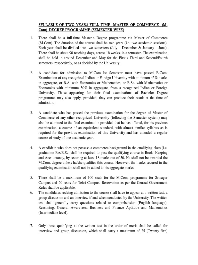 Syllabus of Two Years Full Time Master of Commerce (M. Com) Degree ...