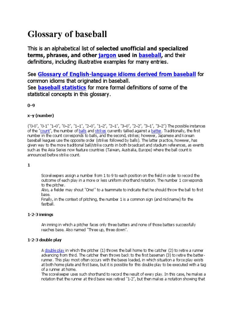 Glossary of Baseball | PDF | Baseball Field | Pitcher