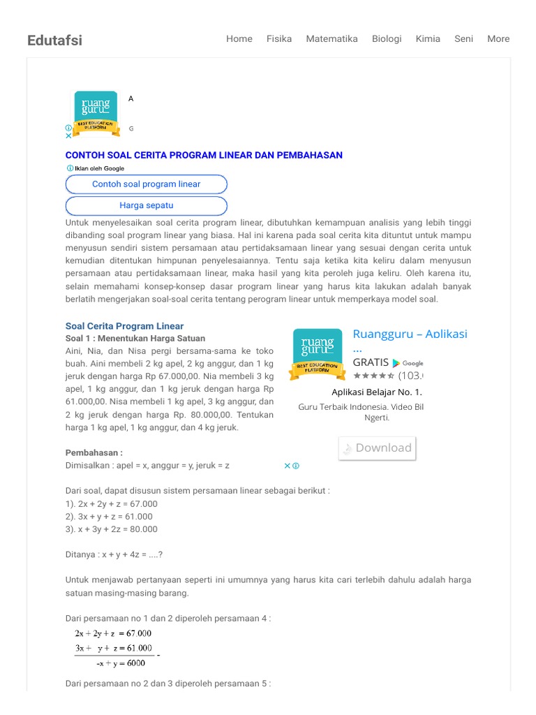 Contoh Soal Cerita Program Linear Dan Pembahasan | PDF