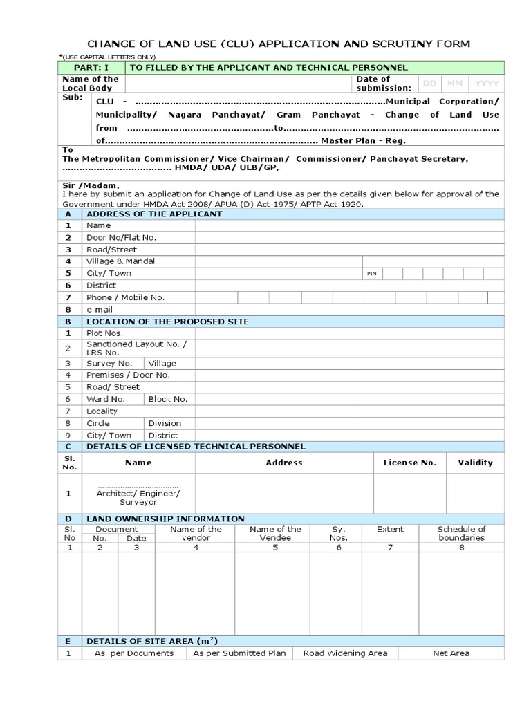 Change of Land Use (Clu) Application and Scrutiny Form: (Use Capital ...