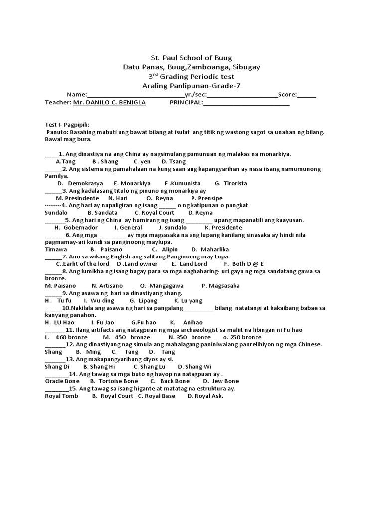 3rd Grading Periodic Test Arpan - 7 | PDF