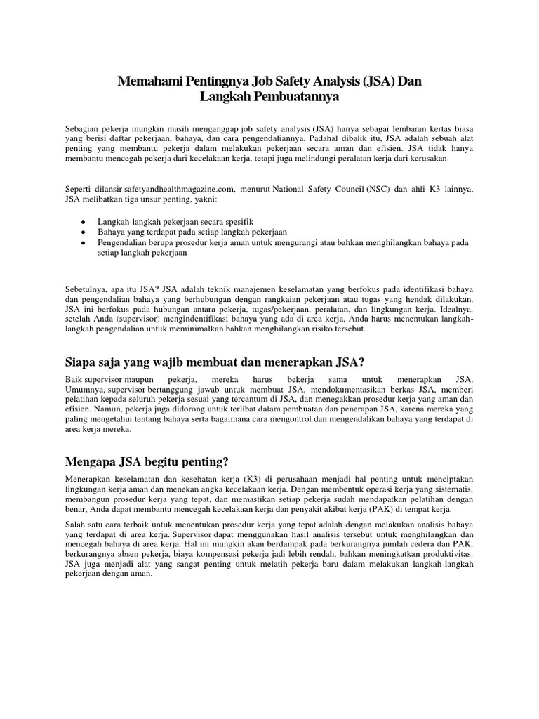 Memahami Pentingnya Job Safety Analysis Di K3 PDF | PDF