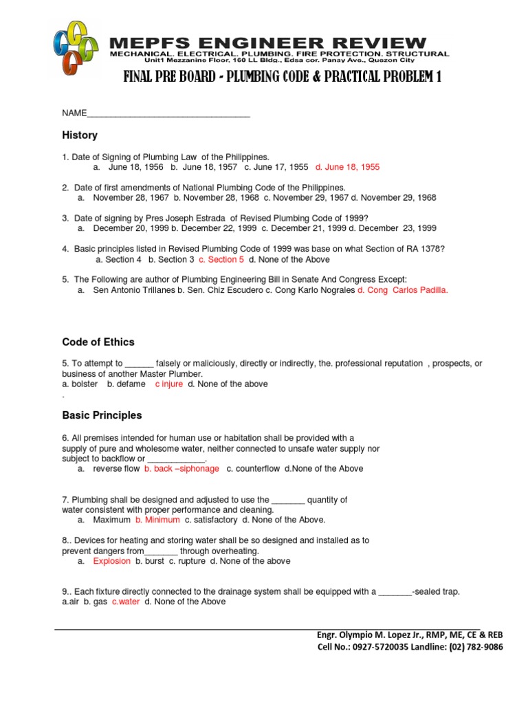 Final Pre Board-exam-100-Plumbing-code & Practical Problems | Plumbing ...