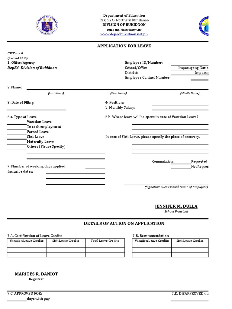 Form 6 Blank | Leave Of Absence | Sick Leave