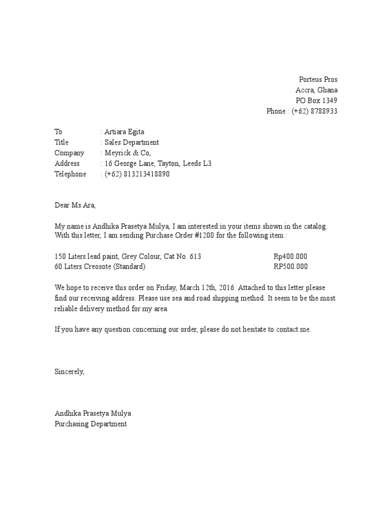 Purchase Order Confirmation Letter | PDF