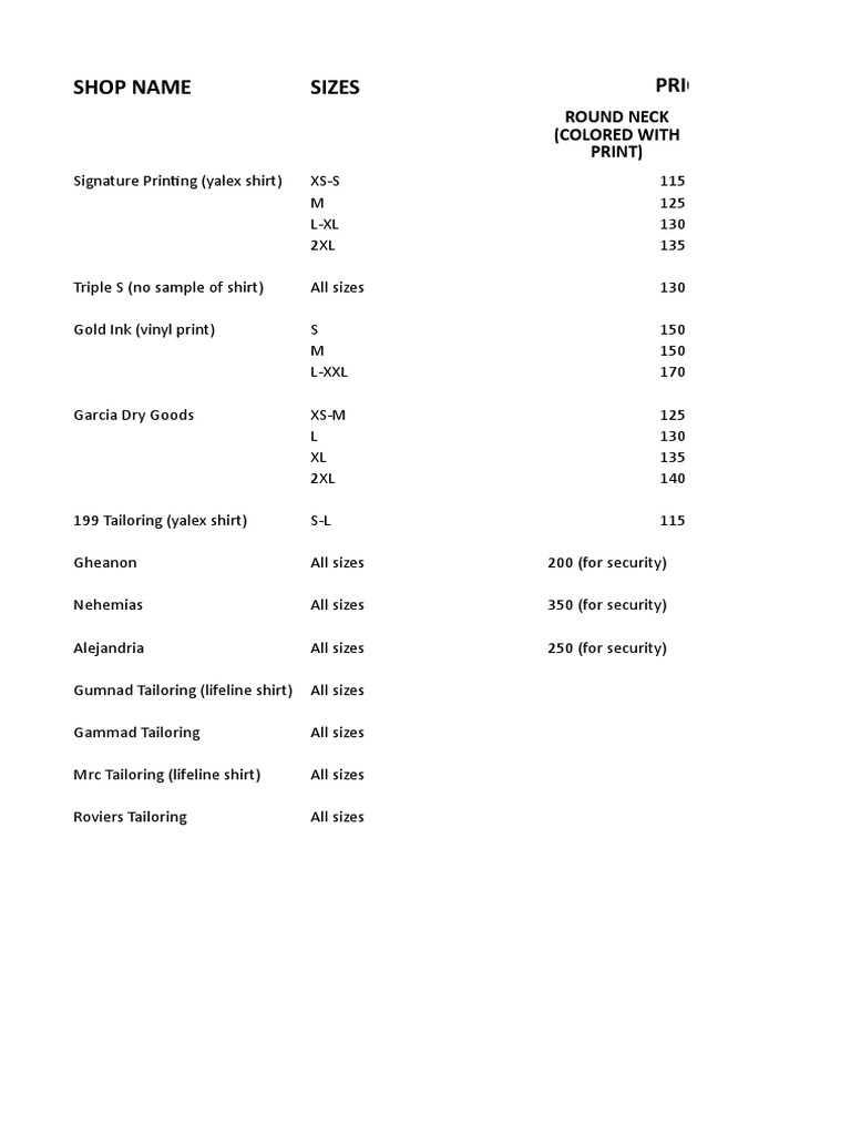 Shop Name Sizes Prices: Round Neck (Colored With Print) | PDF