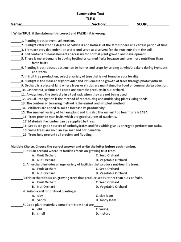 Summative Test Tle 6 Agri | Trees | Soil