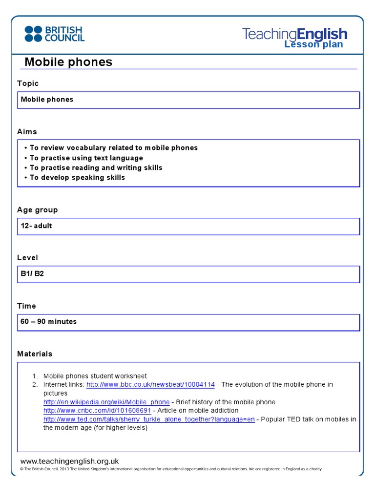 Mobile Phones Lesson | PDF | Text Messaging | Question