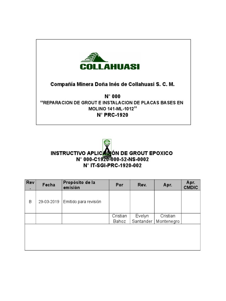 Reparación de grout e instalación de placas bases en molino 141-ML-1012 | PDF | Herramientas ...
