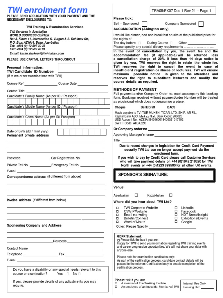 CSWIP Examination Enrollment Form | PDF | Nondestructive Testing | Test ...