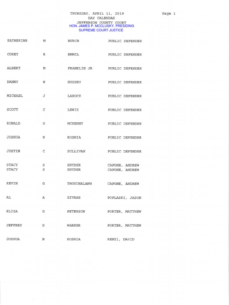 Judge McClusky Court Calendar April 11, 2019 | PDF