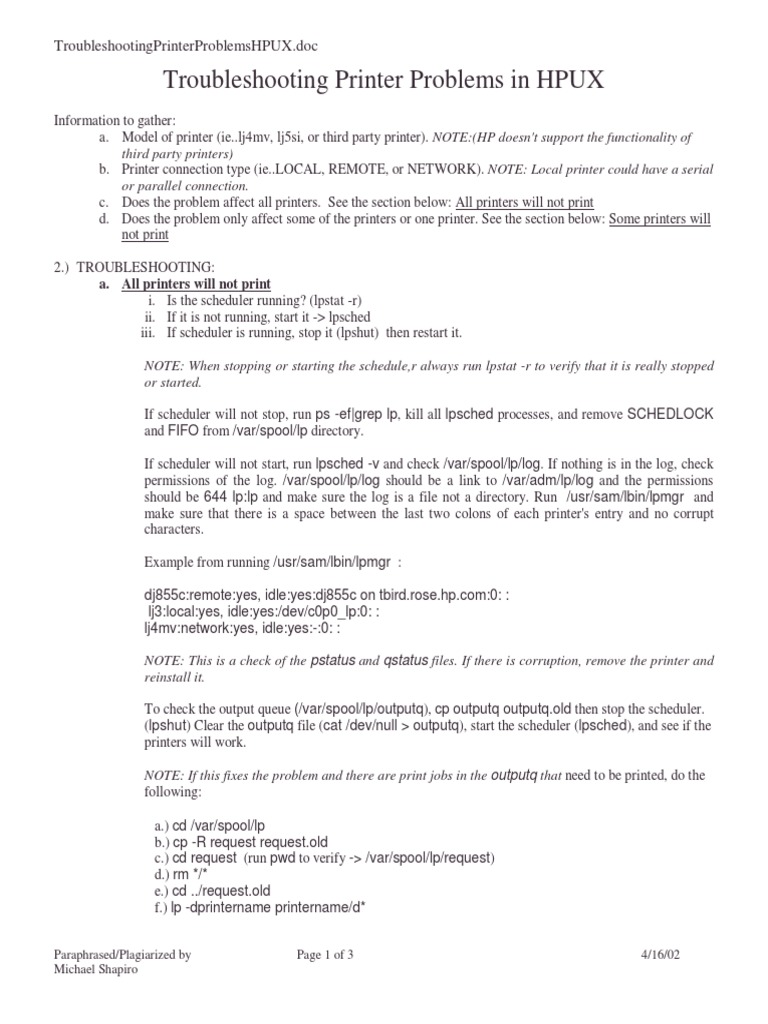 Troubleshooting Printer Problems HP Ux | PDF | Printer (Computing ...
