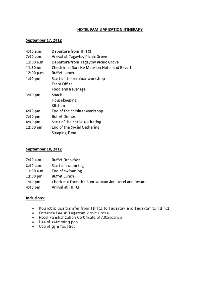 Hotel Familiarization Itinerary September 17, 2012 | PDF