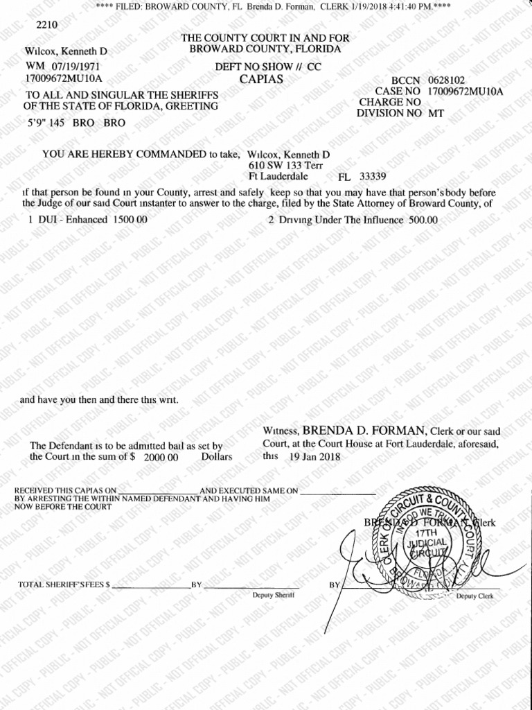 Florida Warrant For Arrest of Kenneth Drew Wilcox Aka Drew Carrington | PDF
