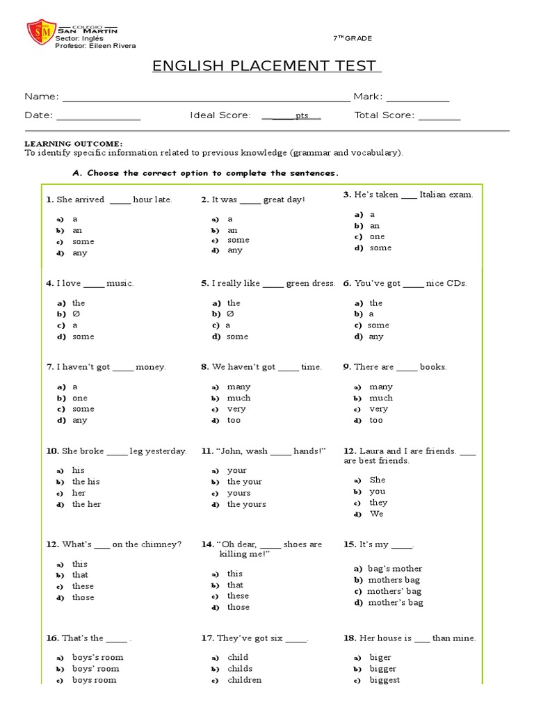 Placement Test 7 Grade | PDF | Test (Assessment) | Learning