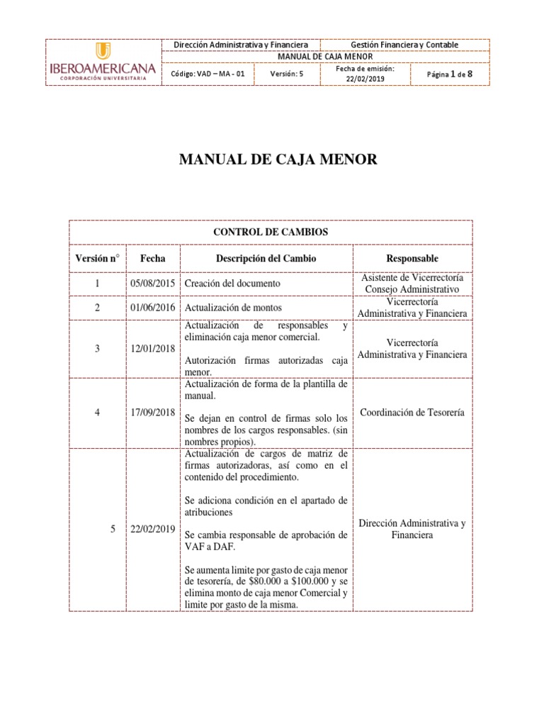Manual De Caja Menor: Control De Cambios Versión n° Fecha Descripción ...