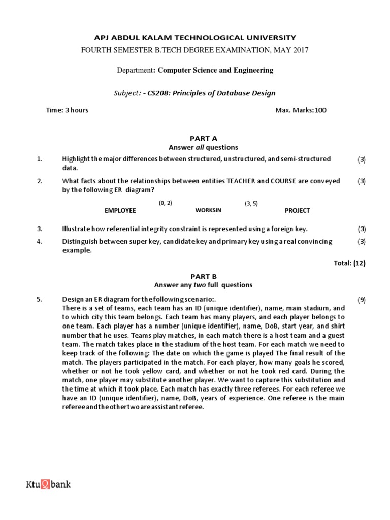 1 Cs208 Principles of Database Design - Model QP | PDF | Software Design | Data Management