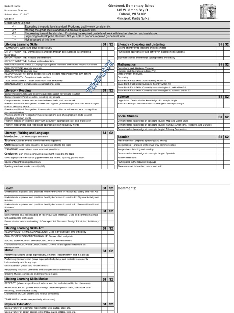 Glenbrook Elementary School Progress Report for Glen, Grade 1, School ...