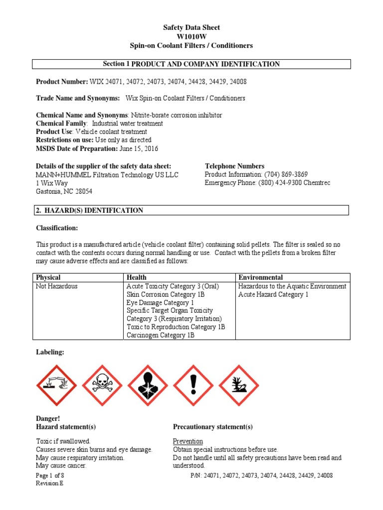 Wix Coolant Filter MSDS | PDF | Toxicity | Firefighting