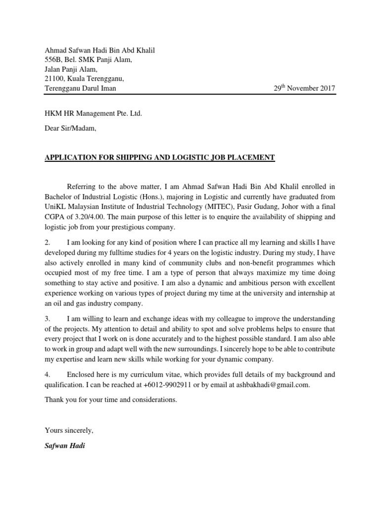 Cover Letter Ahmad Safwan Hadi Bin Abd Khalil | PDF | Applied ...