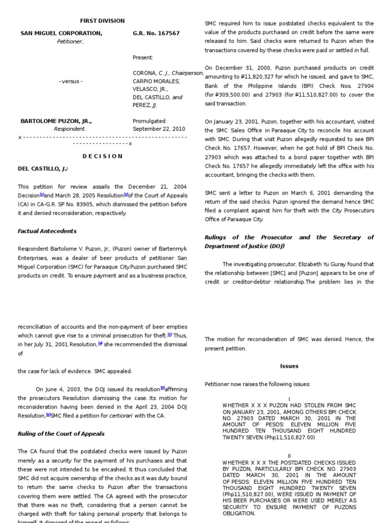 San Miguel Corp. vs. Puzon: Theft Case Review | PDF | Prosecutor | Theft