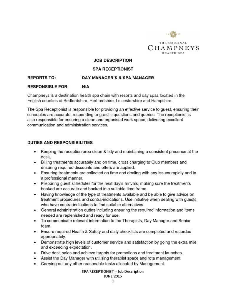 Spa-Receptionist 1 PDF | PDF | Spa | Employment