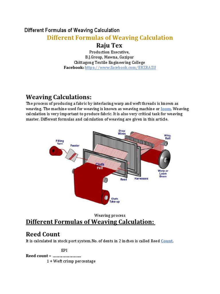 Different Formulas of Weaving Calculation | PDF | Weaving | Textiles